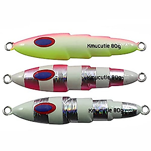 Kmucutie Saltwater Glow Fishing Jigs Deep Sea Fishing Lures Jigging Artificial Lures for Tuna,Grouper,Dogtooth,Bass Salmon (3 Piece Mixed Color E, 80 G)