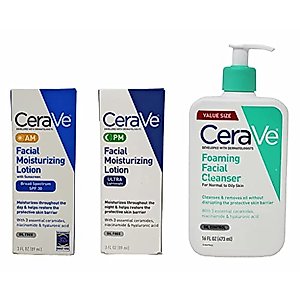 CeraVe Daily Skincare Facial Bundle - Foaming Facial Cleanser (16 oz), AM Facial Moisturizing Lotion with Sunscreen (3 oz), and PM Facial Moisturizing Lotion (3 oz)