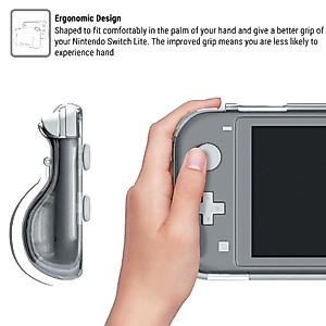 Orzly Protective Case for Switch lite, Clear Rugged Grip case with Kickstand Shock Absorption for Blue Turquoise Yellow Coral Grey - Hand Grip Transparent Edition with with Thumb Grips Included