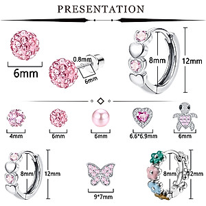 THUNARAZ Hypoallergenic Screwback Earrings Studs for Girls Women 316L Stainless Steel Cute Heart Hoop Earrings CZ Butterfly Turtle Screw Back Stud Earrings 20G(Pink&Colorful Flower)