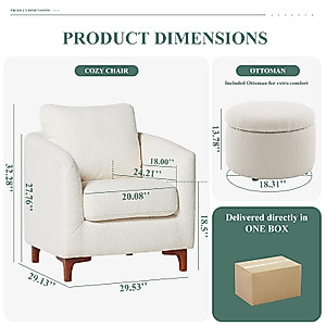 COLAMY Sherpa Accent Chair with Storage Ottoman Set, Upholstered Barrel Arm Chair with Footrest, Modern Living Room Chair with Back Pillow, Cream