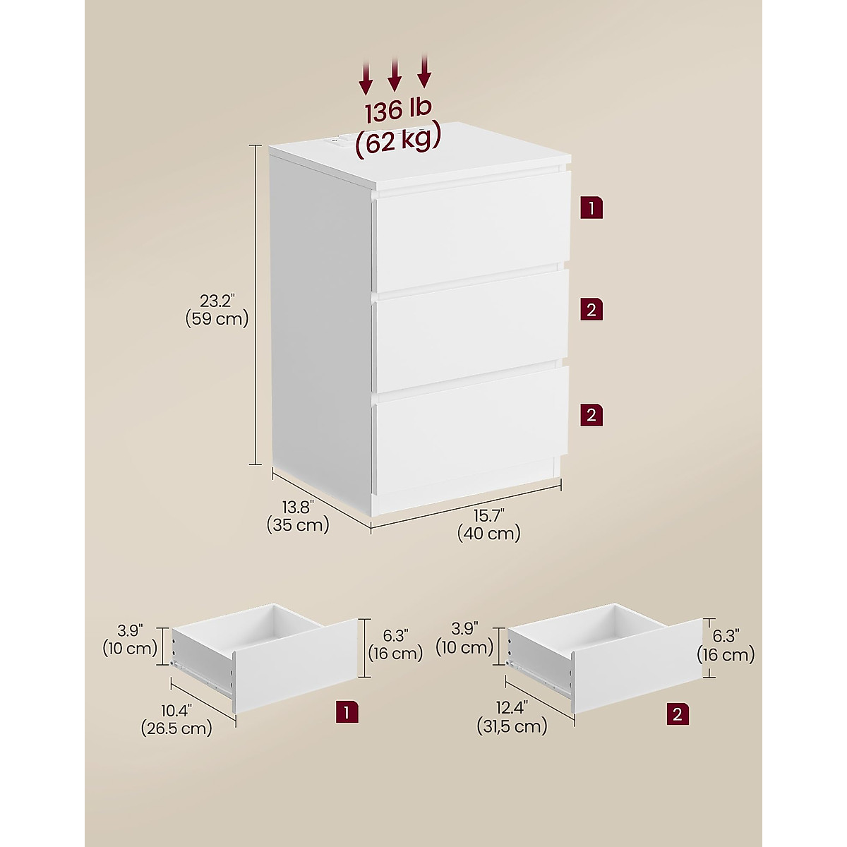 VASAGLE Nightstand with Charging Station, 2 AC Outlets and 2 USB Ports, Bedside Table, Side Table with 3 Drawers, Modern Style, 13.8 x 15.7 x 23.2 Inches, Cloud White ULET631W16