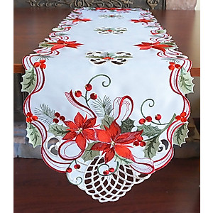Holiday Christmas Table Runner 13"x54", Cutwork Embroidered Floral Christmas Flower Dresser Sacrf Table Topper for Home Dining Xmas Table Top Decoration