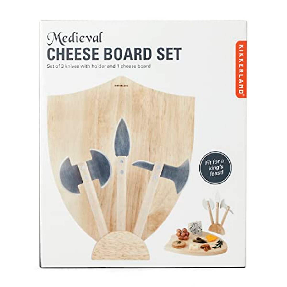 Kikkerland Medieval Wooden Charcuterie Cutlery Cheese Board Knight's Shield Party Serving Tray Set