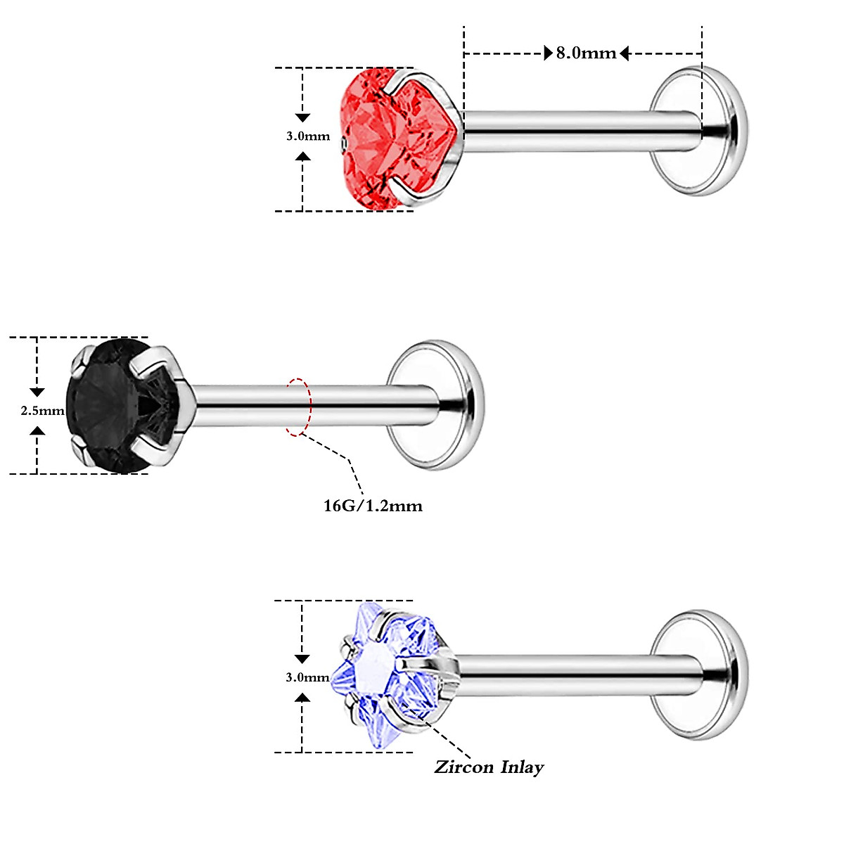 FLOGWE 16G Lip Ring Studs Heart Star CZ Forward Helix Earring Studs Piercing Cartilage Tragus Earring Studs Stainless Steel Medusa Labret Monroe Lip Rings Body-Piercing Studs for Women Men