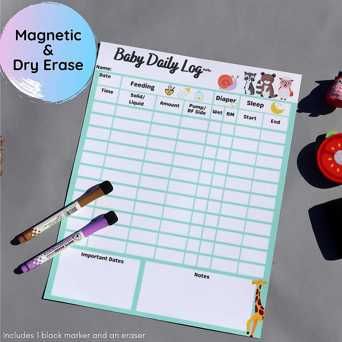 Baby Daily Log Chart Dry Erase Whiteboard for Logging Daily Schedule for Newborns and Toddlers, Log Feeding, Diaper Change, Naps and Daily Activities, Board for Refrigerator, with Pen and Eraser