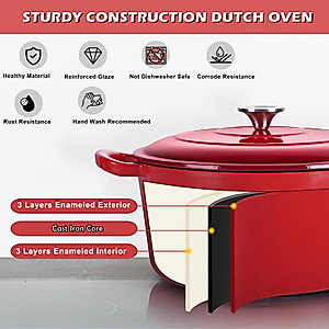 TeamFar 6QT Dutch Oven with Lid, Enameled Cast Iron Dutch Oven Nonstick Stock Pot for Cooking, Stewing, Braising, Roasting, Healthy & Heavy Duty, Double Handles & Sealed Cover, Easy to Clean - Red