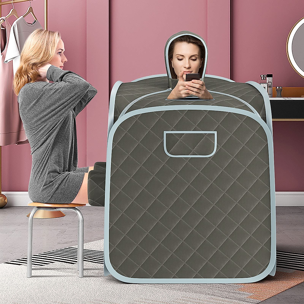 COSTWAY Portable Steam Sauna, Remote Control, 3L Steamer, Foldable Sauna Spa with 9 Temperature and 90 Mins Timer, Atomization, Personal Sauna Hat Tent for Detox Relaxation (Grey)