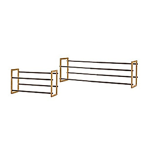 TRINITY BASICS 2-Tier Expandable Shoe Organizer with Bamboo Frame, Stackable Shoe Rack for Closet, Stores up to 16 Pairs of Shoes, Dark Bronze Finish, Expands from 24” to 44”, 2-Pack