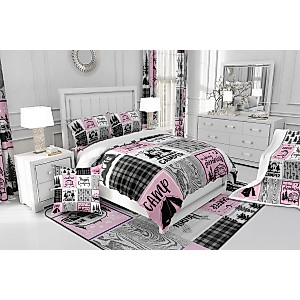 Erosebridal Girls Pink Camper Bedding Set Twin Happy Camping Comforter Cover,Rv Decor for Inside,Camper Accessories for Travel Trailers Duvet Cover,Black Grey Buffalo Plaid Pine Tree Quilt Cover