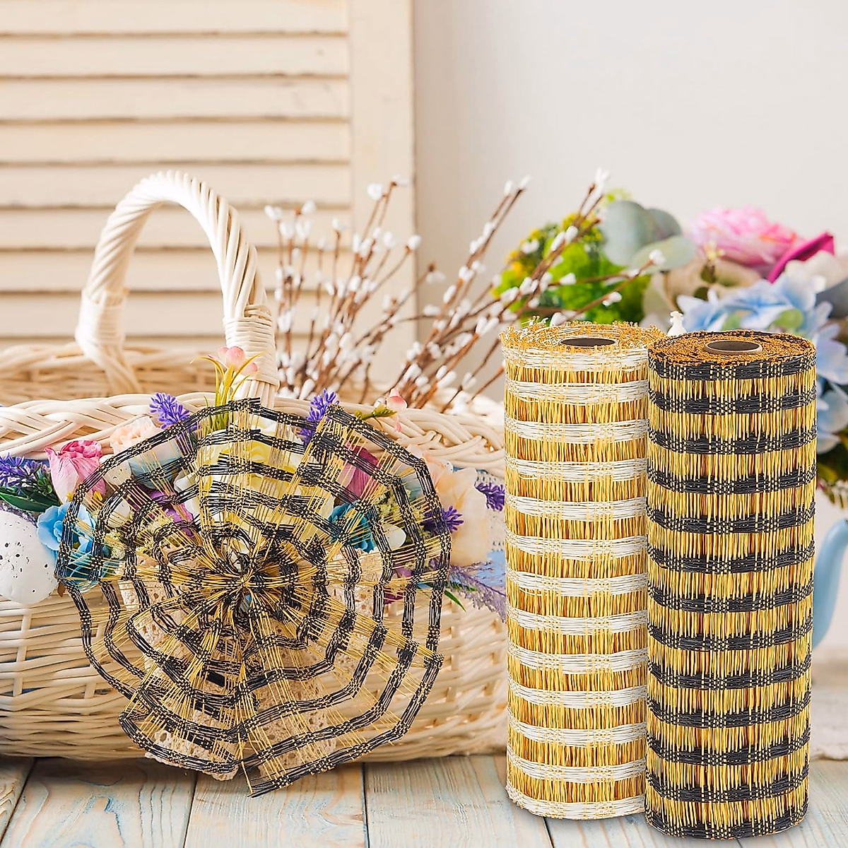 Poly Burlap Check Deco Mesh, 10" x 10 Yards (Black, Yellow)