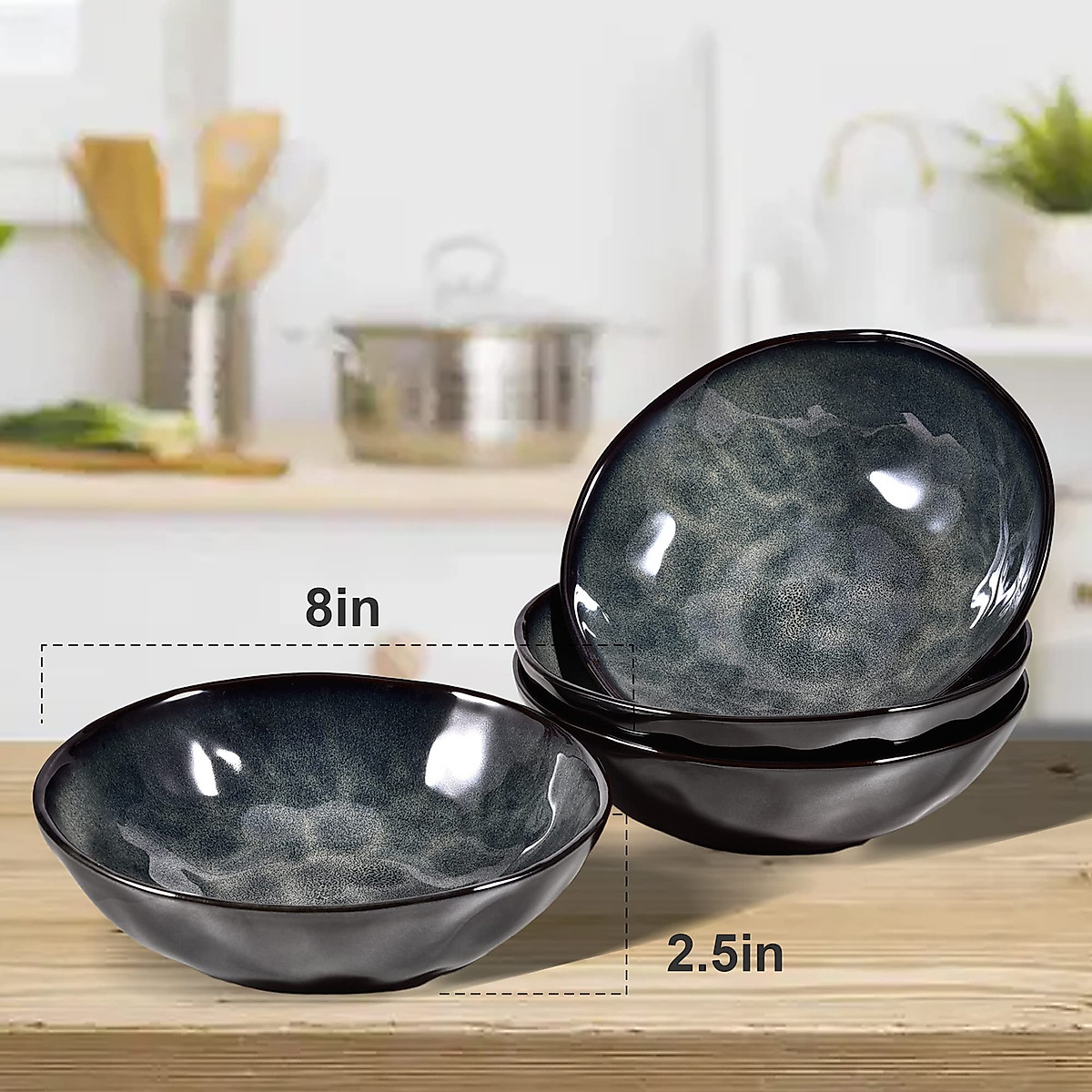 fMBB 33 OZ Ceramic Bowl Pasta Bowls Set of 4, Great Salad Bowl Set, Large Bowl For Eating, Dinner Bowls, Stackable Serving Bowls, Reactive Glaze Series, Black