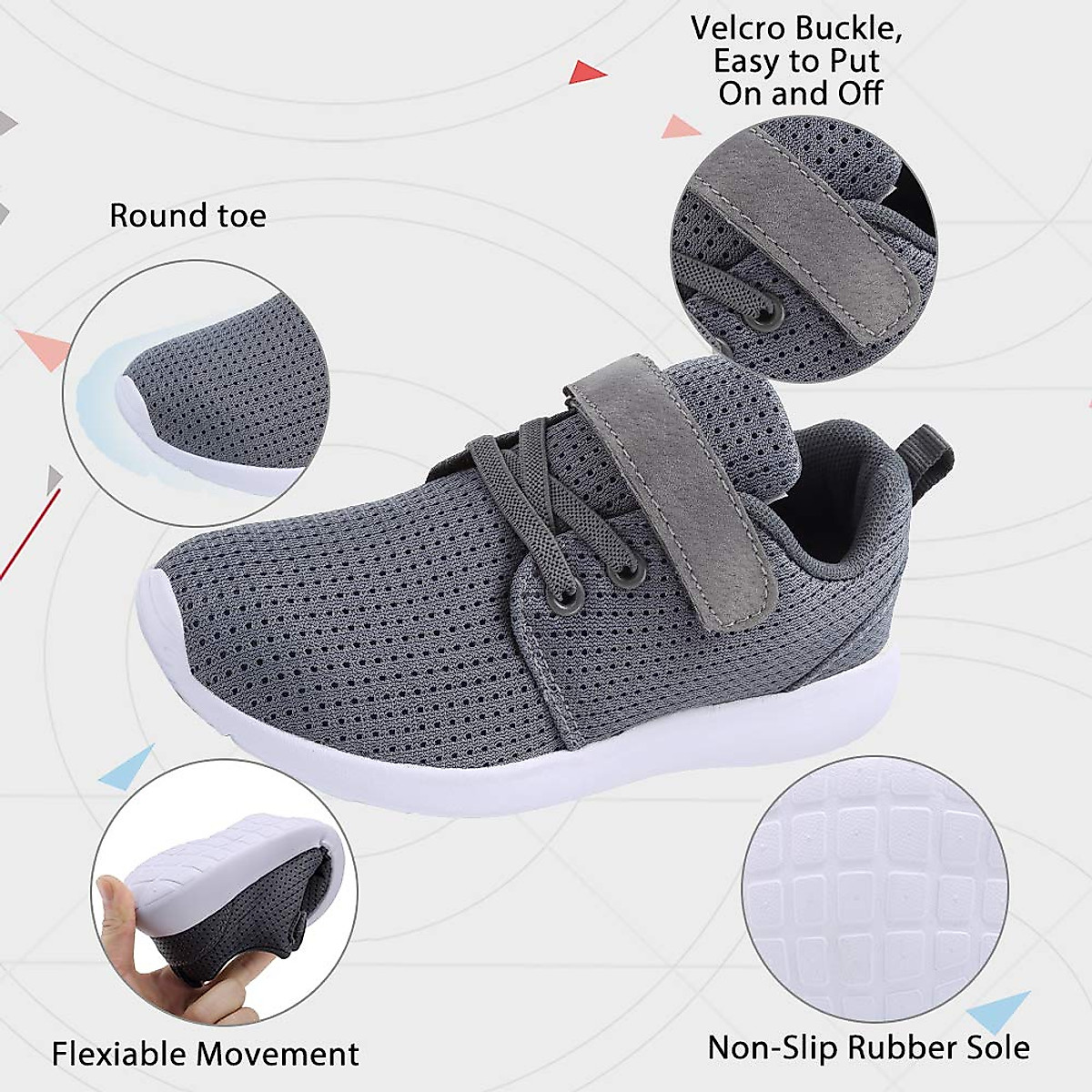 TOEDNNQI Boys Girls Sneakers Kids Lightweight Breathable Strap Athletic Running Shoes for Toddler/Little Kid/Big Kid Grey Size 9