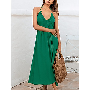 CUPSHE Women's Backless Beach Dress Halter Neck Ruffle Plunge V Neck Sleeveless Maxi Sundress Summer Dresses, Green M