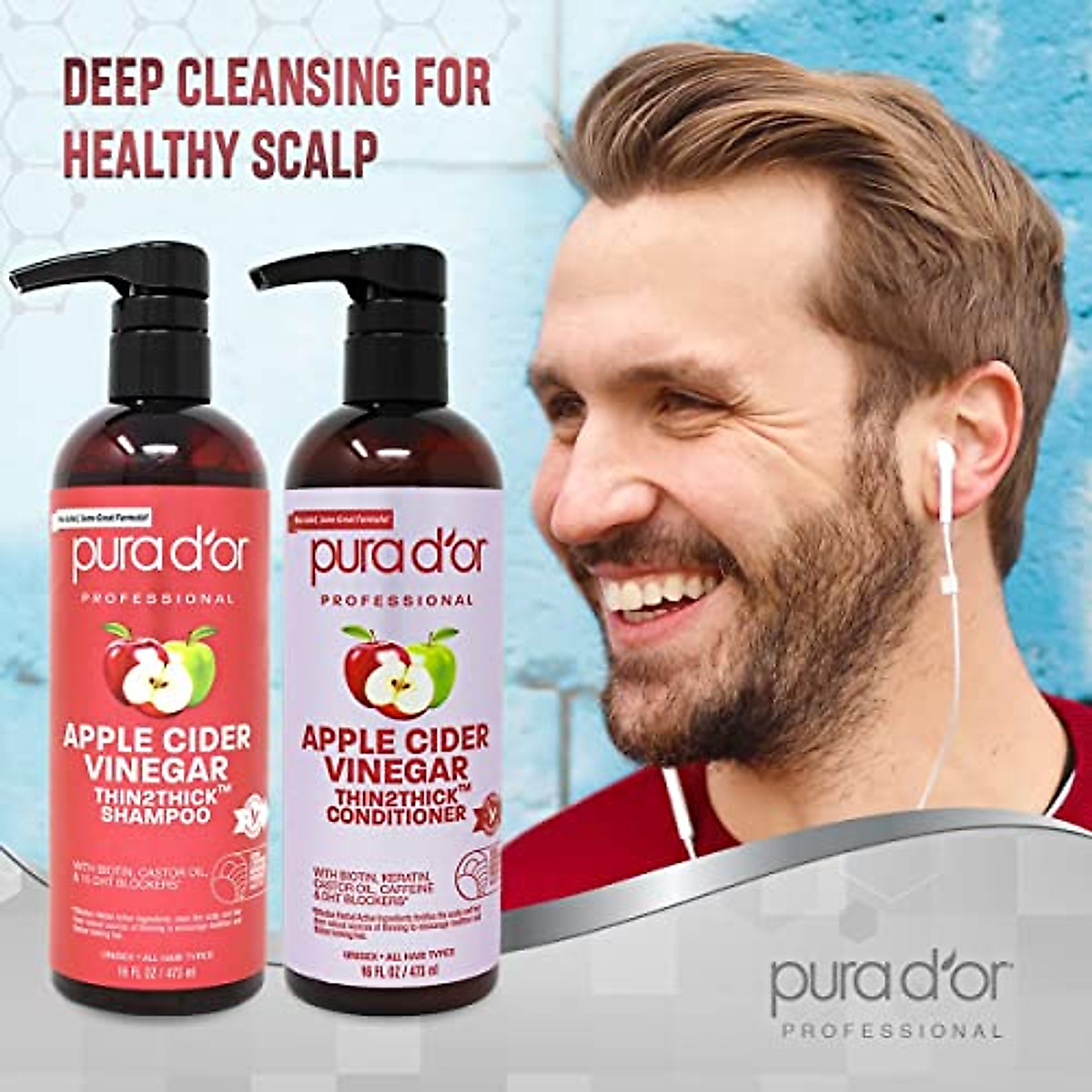 PURA D'OR Apple Cider Vinegar Thin2Thick Set (16oz x 2) ACV Shampoo & Conditioner, Clarifying, Detox - Biotin, Keratin, Caffeine, Castor Oil, Aloe - All Hair Types, Men & Women (Packaging may vary)