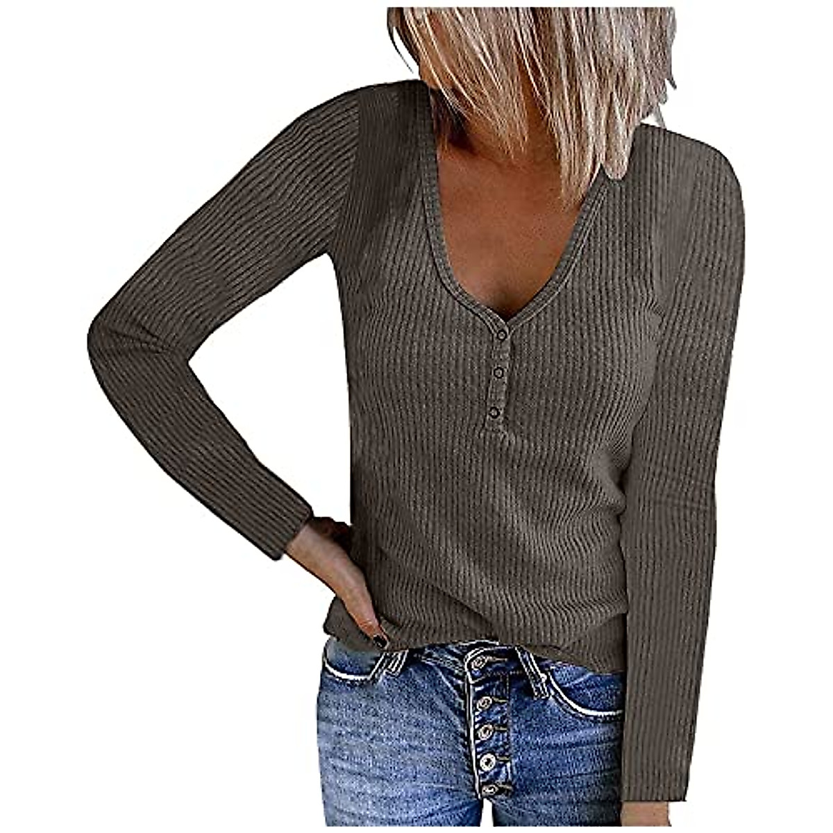 Women's Casual Solid Color Ribbed Top Long Sleeve V-Neck Pullover Knit Shirt Comfy Buttons Slim Workout Plain Blouses Khaki