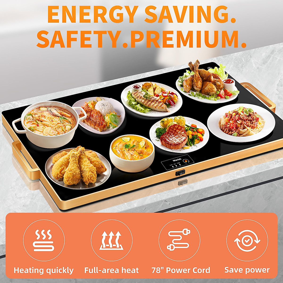 Electric Warming Tray（XXL 32”x18”），Food Warmer with Thermostat and Full Surface Heating，Food Warming Mat with 2 Temperature Modes for Parties Buffet，Gatherings，Gold Edge Handles Warming Mat for Food