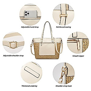 LMKIDS Women's Soft Artificial Leather Straw Woven Handbag, Shoulder Bag, Large Capacity Tassel Handbag. (Beige)