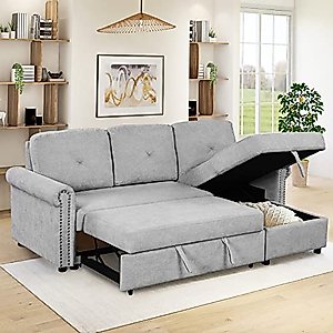 ERYE L-Shaped Pull Out Sleeper Couch Bed Velvet Tufted Upholstered Convertible Reversible Sleep Sectional Sofa with PullOut Sofabed for Living Room