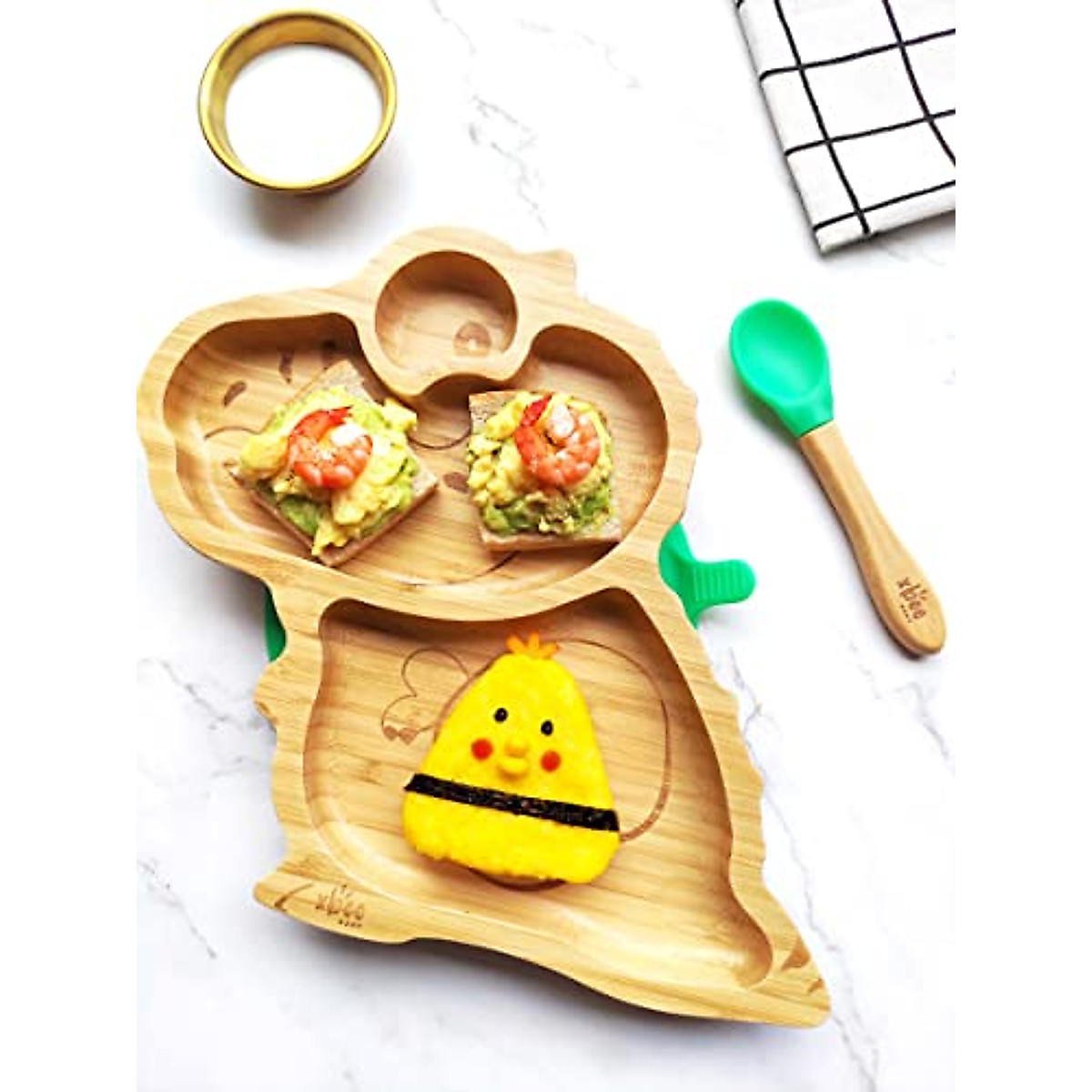 Xboo Toddler Plates, Bamboo Baby Suction Plates, Bamboo Suction Plates for Toddlers, Stay Put Feeding Plates, Wooden Divided Plate, Baby Dishes, Kids Plates, BPA Free | Rex_Green