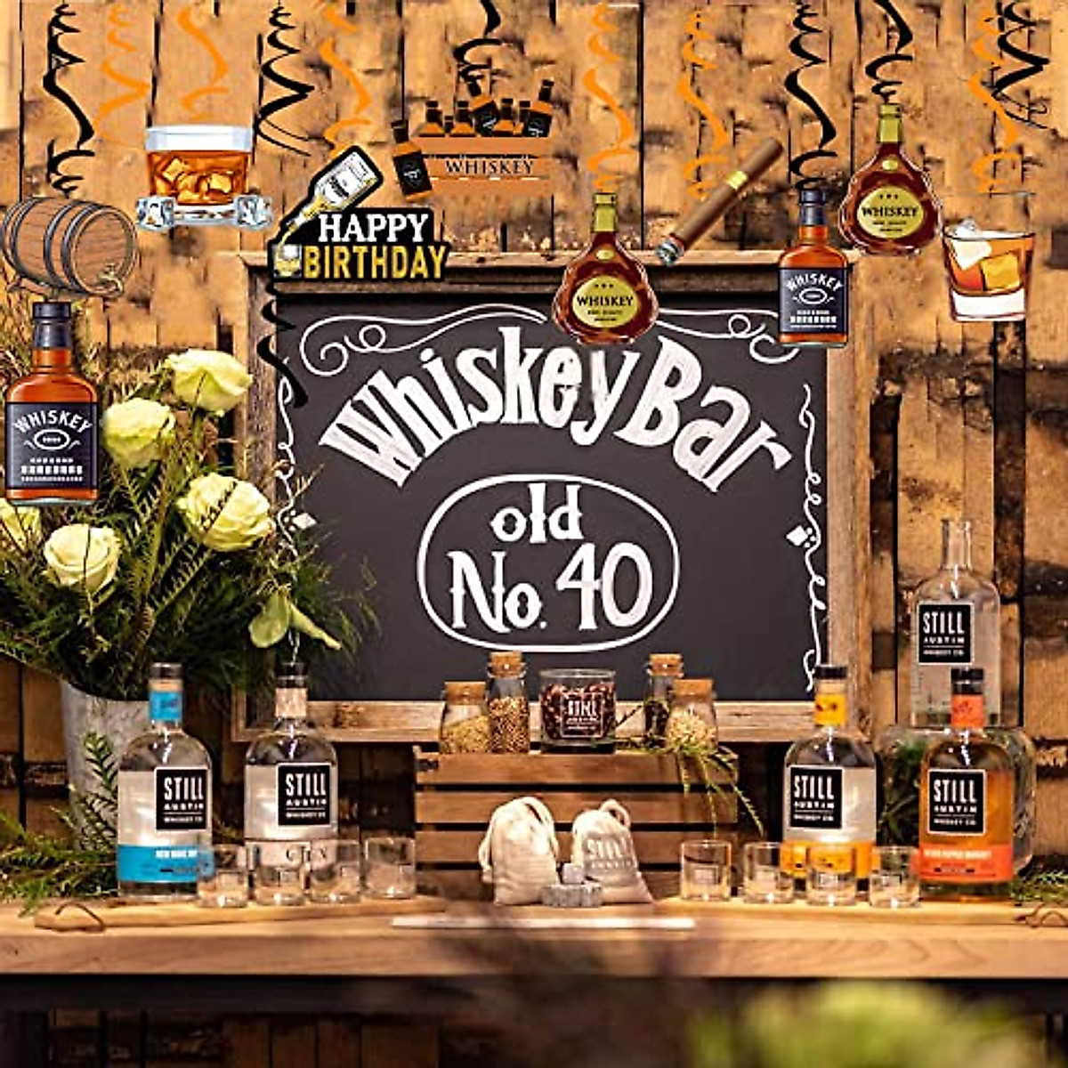 UOMNICUE Whiskey Swirls Happy Birthday Party Decorations for Men, Perfection Party Supplies Whiskey Party Hanging Swirls Ceiling Streamers for 30th 40th 50th Birthday Decorations Cheers Party