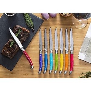 French Home Laguiole 8-Piece Steak Knife Set – Sophisticated Stainless Steel Dinner Knives with Rainbow Handles & Iconic Bee Emblem – Serrated Knives for Smooth Cutting (9.25")