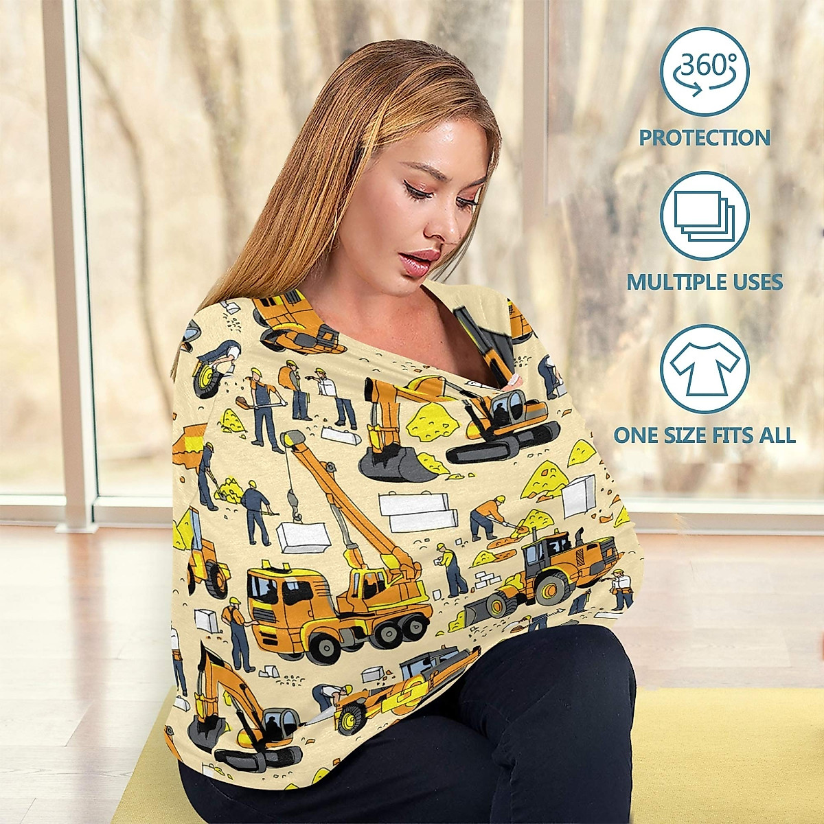 YYZZH Construction Car Building People Pattern Stretchy Baby Car Seat Cover Infant Canopy Nursing Covers Breastfeeding Cover Breathable Windproof Winter Scarf for Boys Girls