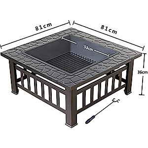 LEAYAN Garden Fire Pit Grill Bowl Grill Barbecue Rack Fire Pit Table with BBQ Grill Shelf, Square Firepit for Barbecue Heater, Ice Pit, Metal Brazier for Patio Outdoor, with Waterproof Cover Fire Pit