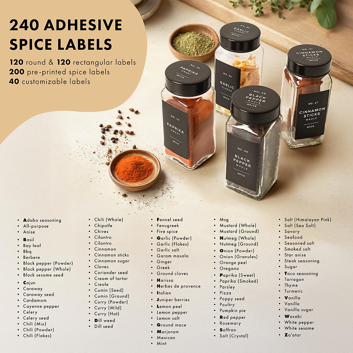 EDELHAUS Glass Spice Jars with Label and Black Lids (24 x 4oz) Spice Containers with 240 Labels, Shaker Inserts, Steel Funnel, Empty Square Empty Square Seasoning Organizer