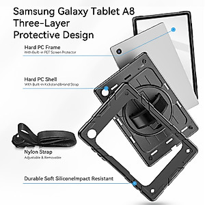 Stweap for Samsung Galaxy Tablet A8 Case 10.5 inch 2022 SM-X200/X205/X207 with Screen Protector [360 Rotating Stand] &Hand Shoulder Strap Shockproof Rugged Protective Cover|Black