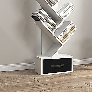 Panana Tree Bookshelf with Drawer, 8-Tier Wooden Storage Rack Wisdom Tree Book Holder Bookshelves Organizer for Living Room, Bedroom, Home Office (White)