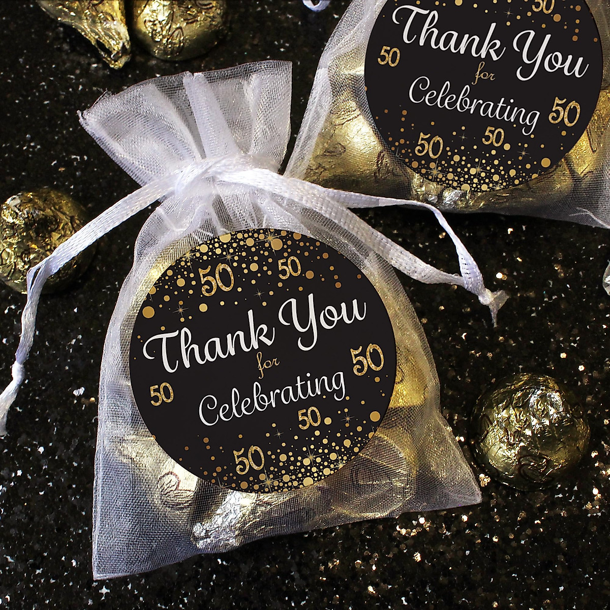 Black and Gold 50th Birthday Thank You Stickers - 1.75 in - 40 Labels