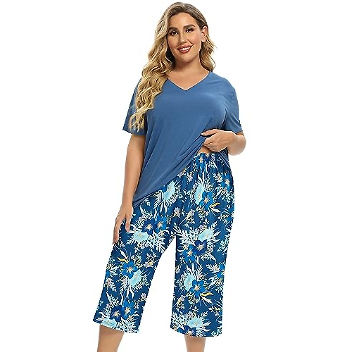 Vozanet Women's V Neck Sexy Pajamas Capri Sets Full Printed Flowers Ladies Sleepwear V Neck Floral Nighty XL to 5XL, Blue, 4X-Large