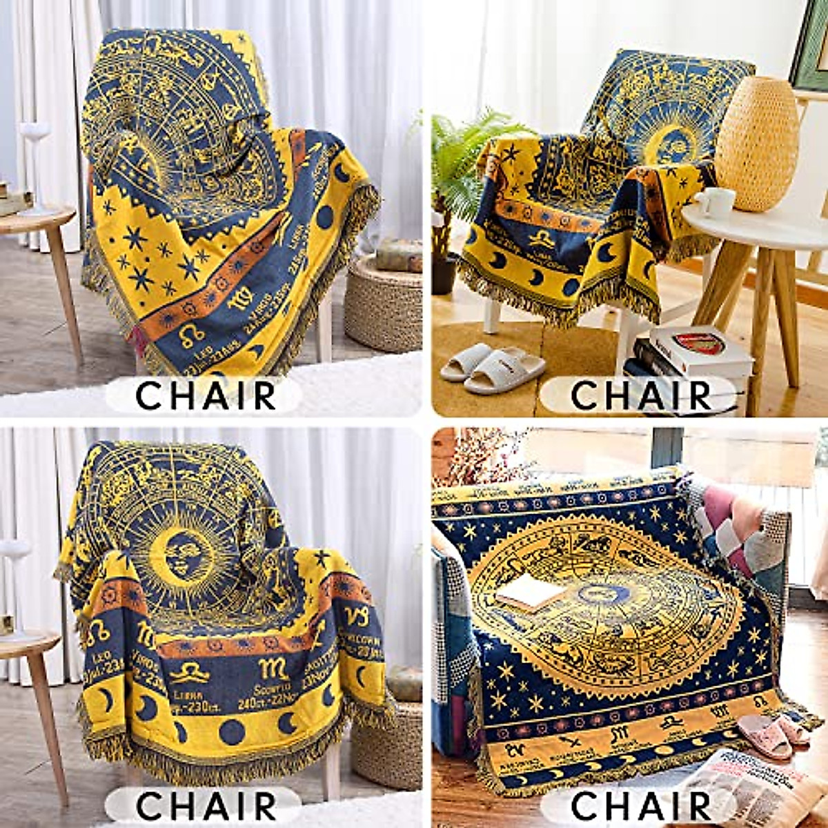 MayNest Boho Woven Throw Blanket Reversible Cotton Bohemian Tapestry Hippie Room Decor Witchy Astrology Zodiac Celestial Constellation Carpet Bed Chair Couch Sofa Cover Double Sided (Yellow, 51x71)