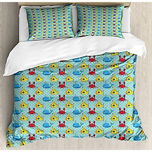 Ambesonne Yellow Submarine Duvet Cover Sets, Underwater Life Theme Pattern Submarines Whales and Crabs Print, Bedding Set with 2 Duvet Covers & 4 Pillowcases, 2 Pack King Size, Aqua and Mustard