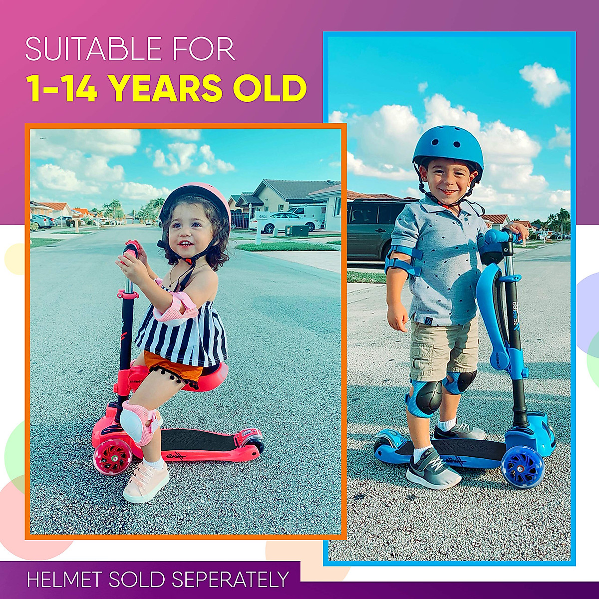 Hurtle 3-Wheeled Scooter for Kids - Wheel LED Lights, Adjustable Lean-to-Steer Handlebar, and Foldable Seat - Sit or Stand Ride with Brake for Boys and Girls Ages 1-14 Years Old - Blue