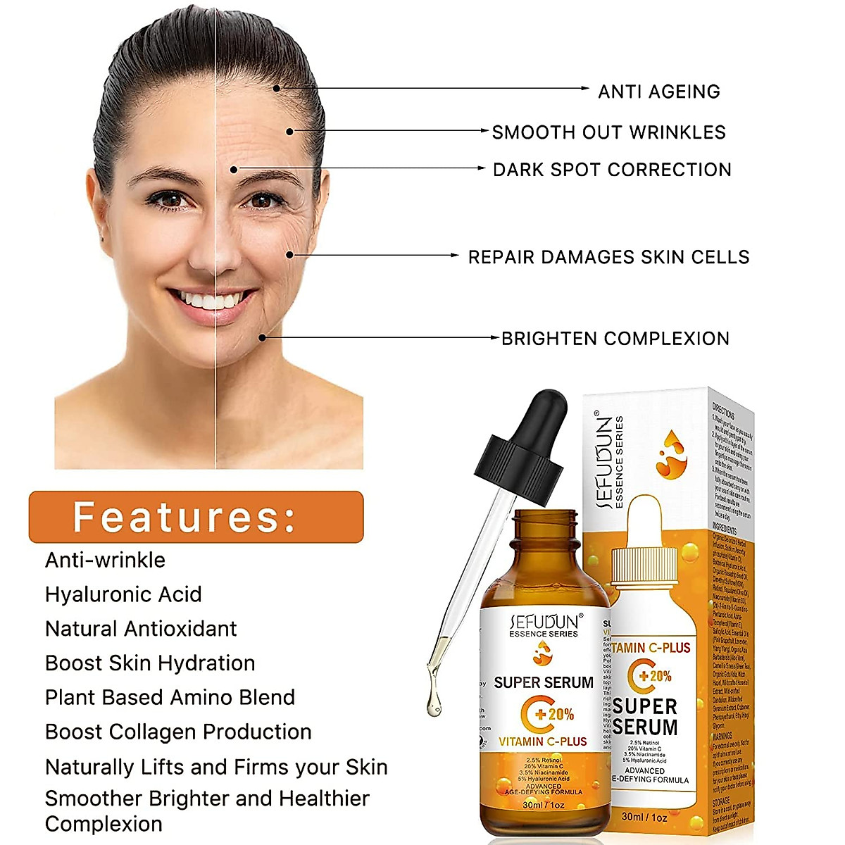 20% Vitamin C Serum for Face with Hyaluronic Acid 1 Fl Oz, Anti Aging Facial Serum for Women & Men, Antioxidant, Boost Skin Collagen, Fades Dark Spot, Hydrate & Plump Skin, Anti Aging & Wrinkle