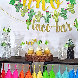2 Set Fiesta Taco Bar Cactus Banner Garland, Gold Green Glittery Fiesta Banner for Mexican Fiesta Party Cinco De Mayo Decorations