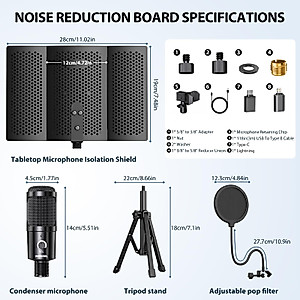 Studio Recording Microphone Isolation Shield with Pop Filter &Tri-Stand Kit Music Recording USB Condenser Mics to Laptop Pc Mac Phone Equipment for Singing Song