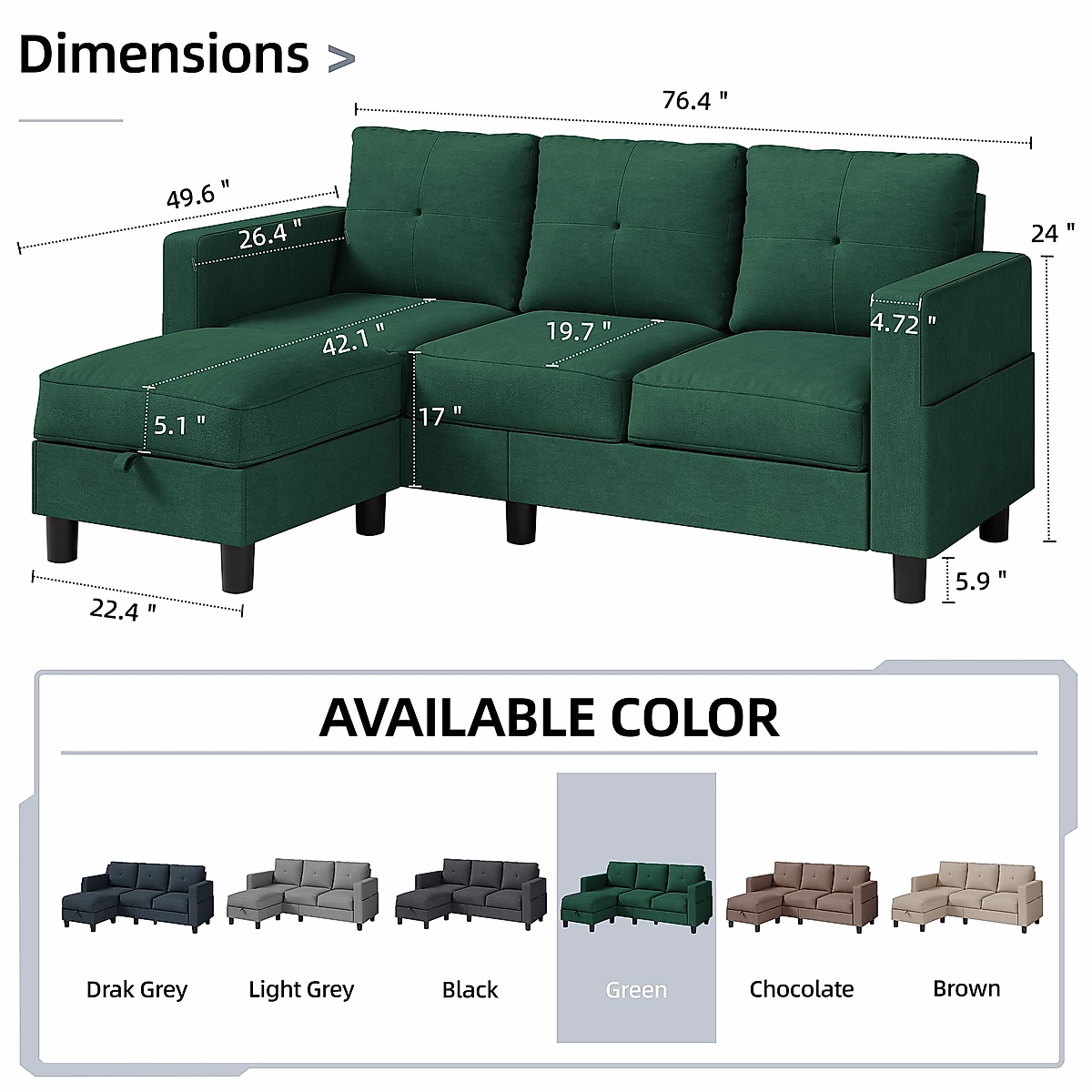 Shintenchi Convertible Sectional Sofa Couch, Modern Linen Fabric L-Shaped, 3-Seat Sofa Sectional with Reversible Chaise for Living Room, Apartment and Small Space (Green)
