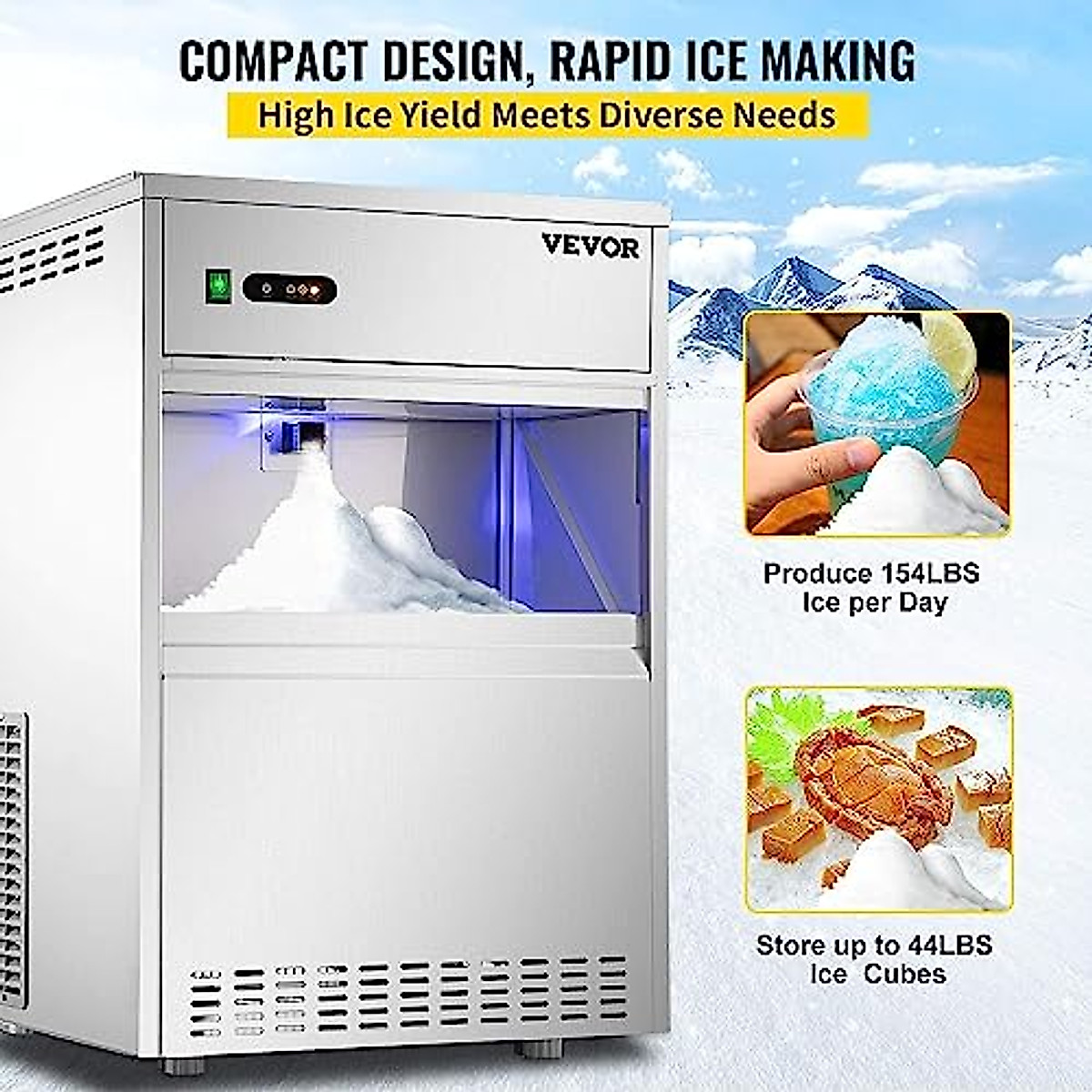 VEVOR Flake Ice Maker, 154lbs/24h Commercial Ice Maker Machine ETL Approved Food Grade Stainless Steel Flake Ice Machine for for Seafood Restaurant Laboratories etc