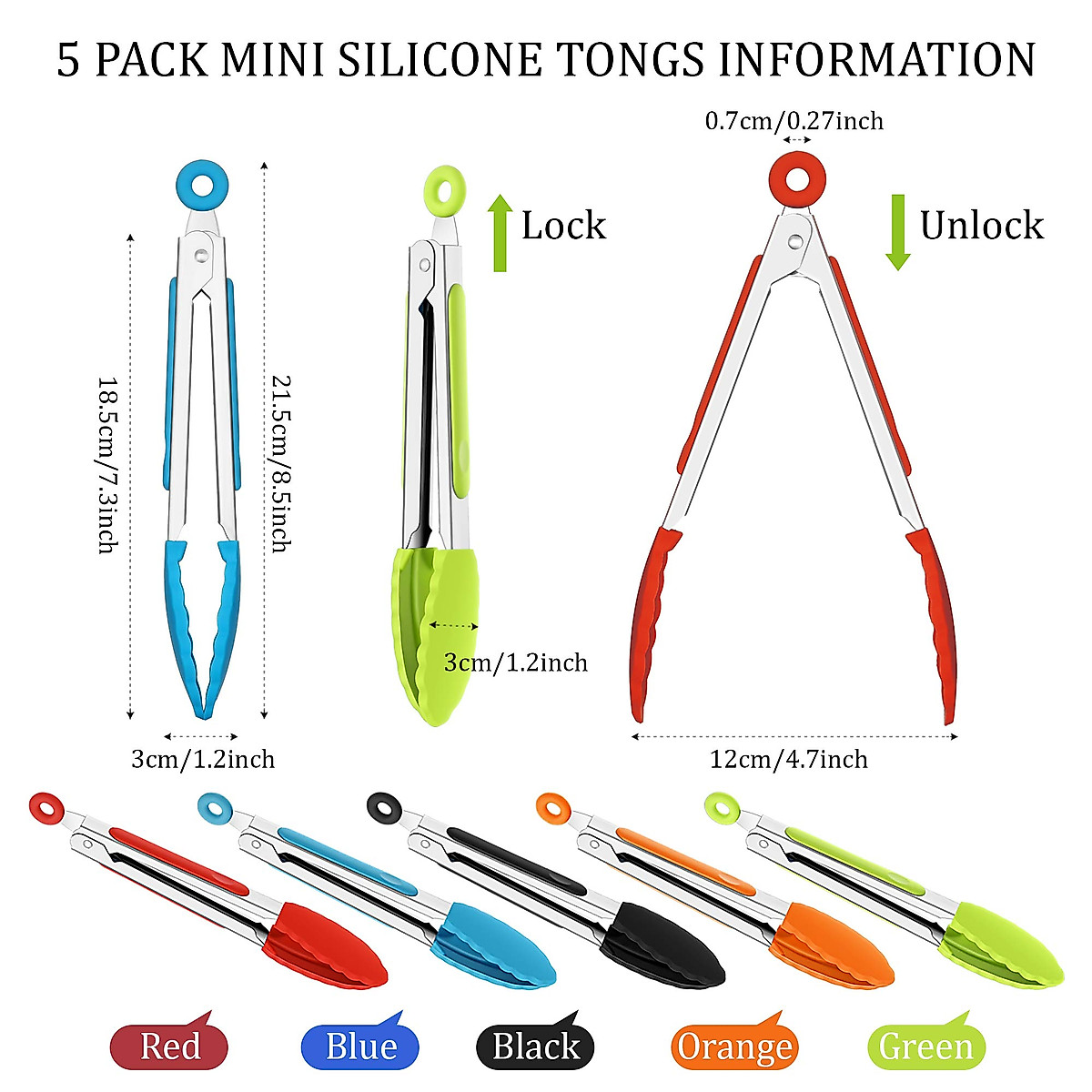 Mudder 7 Inch Mini Serving Kitchen Tongs with Silicone Tips, Stainless Steel Tongs for Salad, Grilling, Frying and Cooking, 5 Pieces