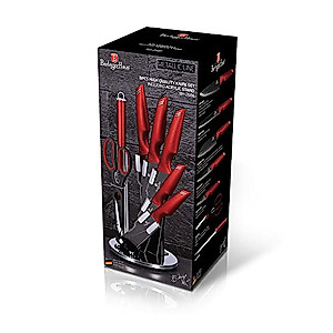 Berlinger Haus Kitchen Knife Set with Block, 8 Piece Knives Set for Kitchen, Cooking Knives with Kitchen Shears and Sharpener, Sharp Cutting Stainless Steel Chef Knife Set with Acrylic Stand, Red