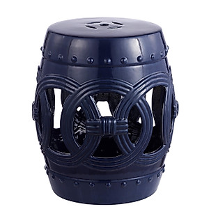 JONATHAN Y TBL1022B Lucky Coins 16" Chinese Ceramic Drum Garden Stool Bohemian, Coastal, Classic, Cottage, French Country, Traditional, Transitional, Side Table, Plant Stand, Spill-Proof, Navy