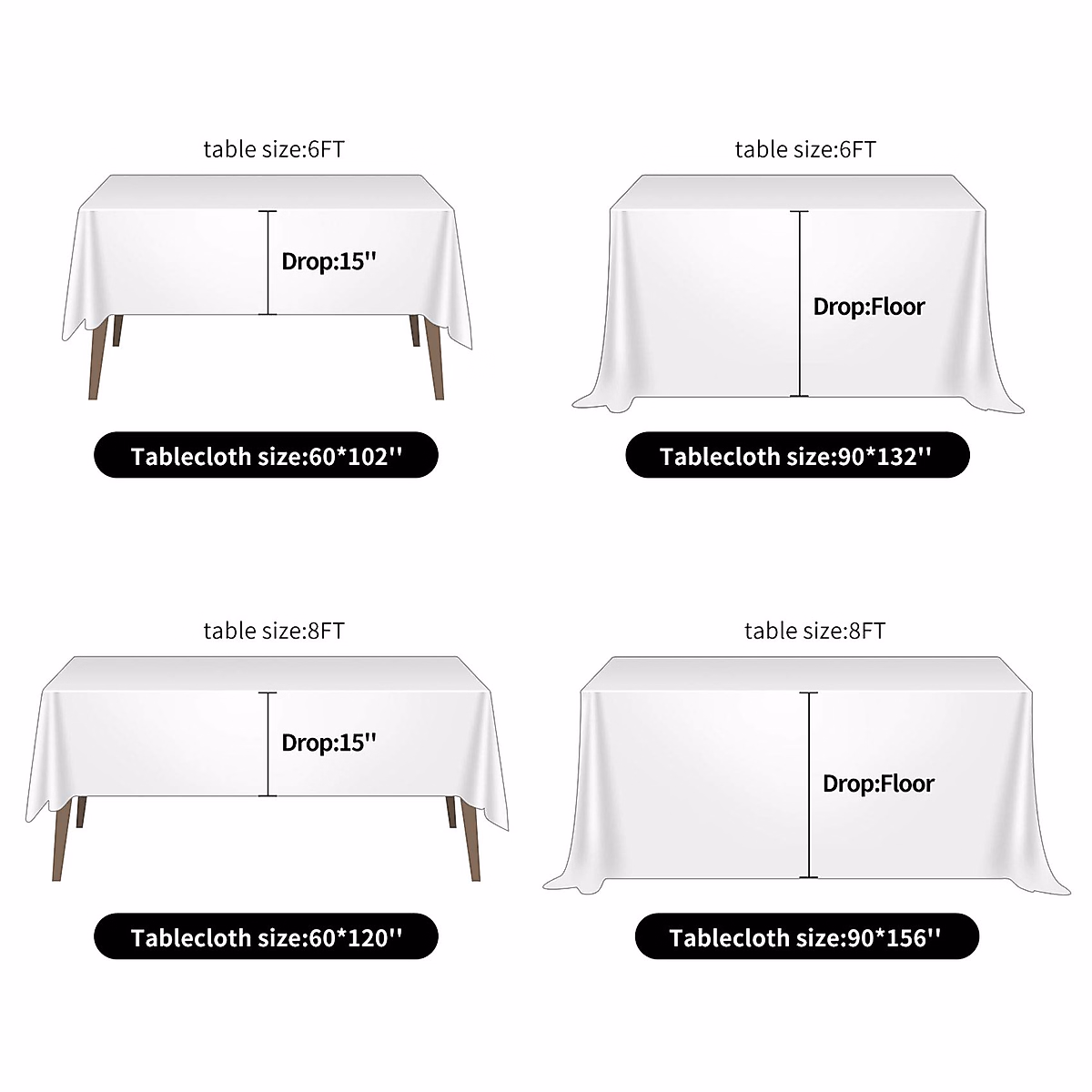 Ascoza 2pack 60x102 Inch White Rectangular Tablecloth 6 Feet Table Cloth in Polyester Fabric for Wedding/Banquet/Restaurant/Parties