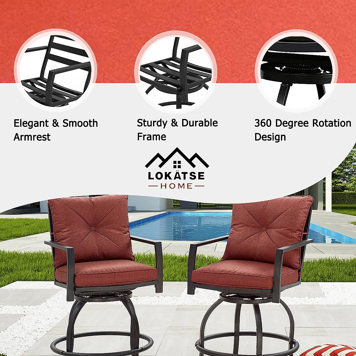 LOKATSE HOME Patio Height Set of 2 Outdoor Swivel Bar Stools with Seat and Back Cushions, 2 Chairs, Red