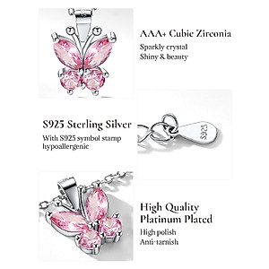SILVERCUTE Pink Butterfly Pendant Necklace 925 Sterling Sterling Silver Cute Insect Animal Pendant & Chain for Women