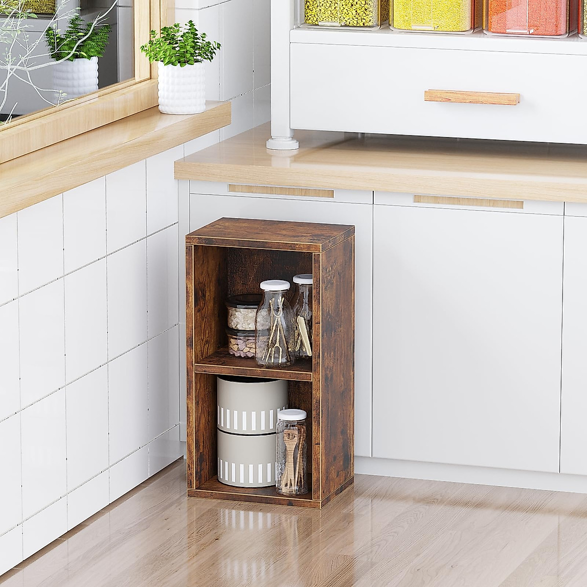 NEWSENDY 2 Tier Bookshelf and Bookcase, Wooden Cube Storage Shelf, Floor Standing Organizer Display Shelving, Storage Shelves for Bedroom, Living Room, Rustic Brown