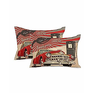 Set of 2 Throw Pillow Covers Lumbar Pillow Case Retro Filling Station Car Posters Cotton Linen Rectangular Cushion Case Pillowcase for Sofa Couch Bed, Living Room Bedroom Decorative, 12 x 20 Inches