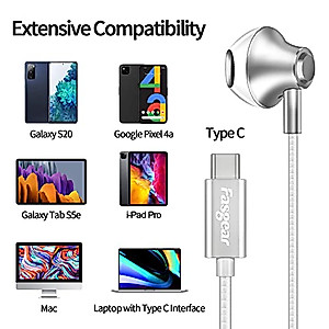 Fasgear USB C Headphones in Ear Wired Earphones with Mic,Deep Bass HiFi DAC Headset Compatible for Galaxy S21 Ultra/S20 /Note 10,Google Pixel,iPad Pro 2020,Type-C Earbuds for Oneplus 8 Pro 7T (White)